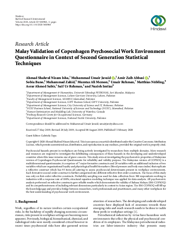 (PDF) Malay Validation of Copenhagen Psychosocial Work Environment ...