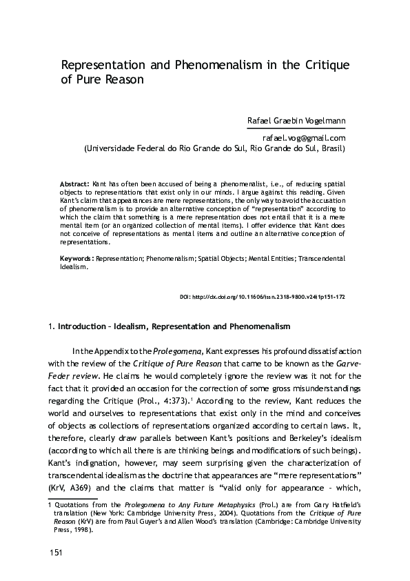 (PDF) Representation and Phenomenalism in the Critique of Pure Reason