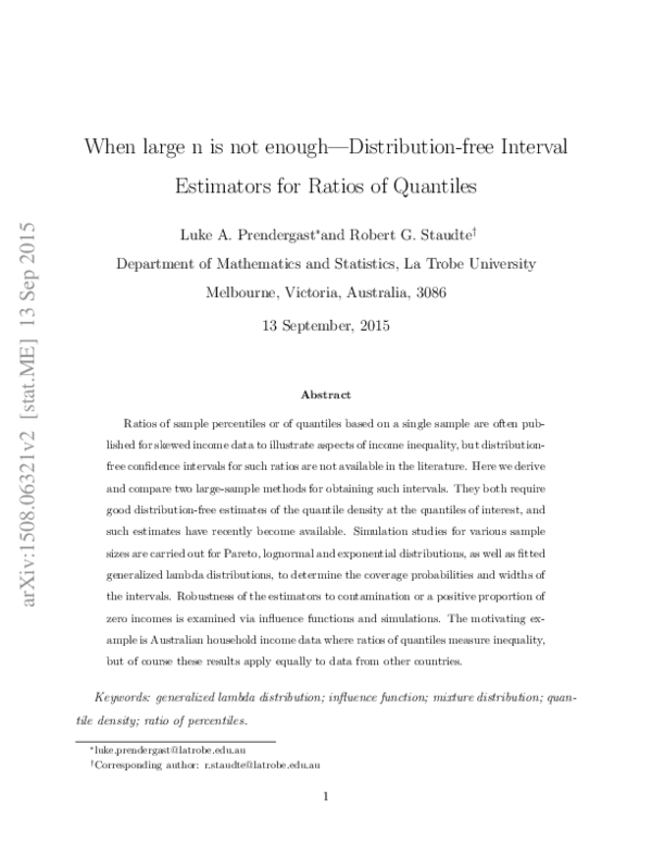 (PDF) When large n is not enough – Distribution-free interval estimators for ratios of quantiles