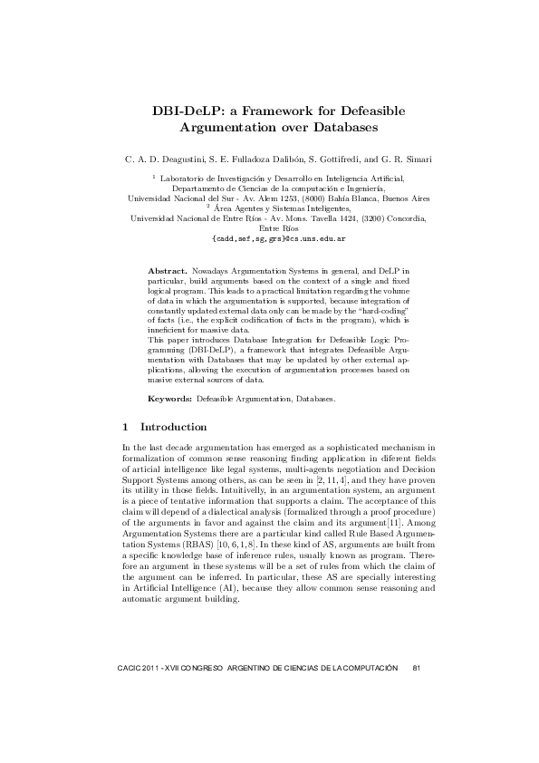 Pdf Dbi Delp A Framework For Defeasible Argumentation Over Databases