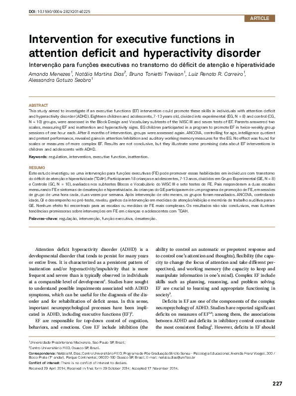 (PDF) Intervention for executive functions in attention deficit and hyperactivity disorder