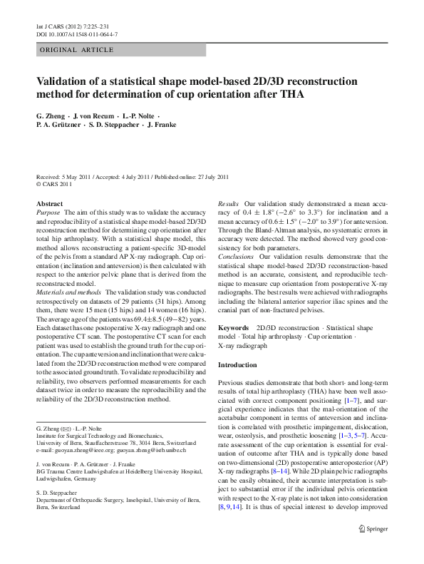 (PDF) Validation of a statistical shape model-based 2D/3D ...