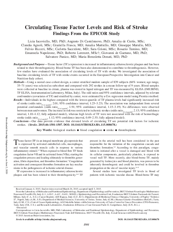 (PDF) Circulating Tissue Factor Levels and Risk of Stroke: Findings ...