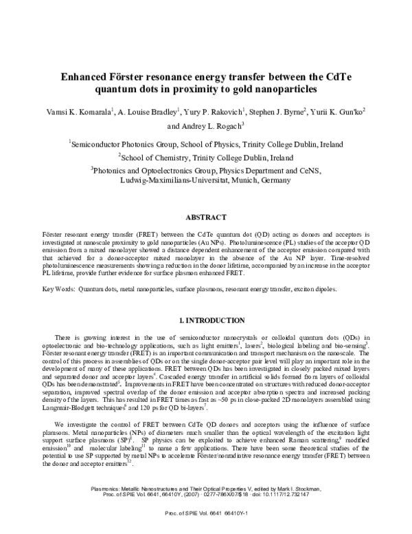 (PDF) Enhanced F rster resonance energy transfer between the CdTe quantum dots in proximity to ...