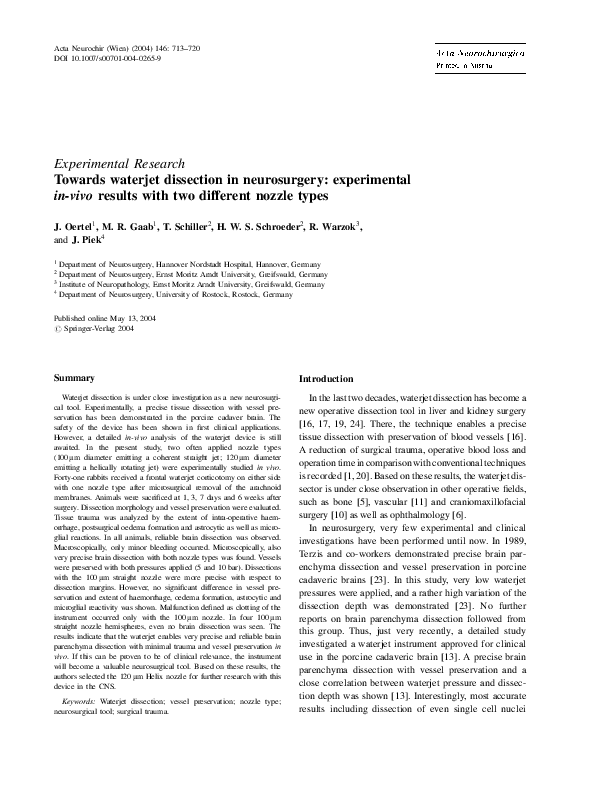 (PDF) Towards waterjet dissection in neurosurgery: experimental in-vivo ...