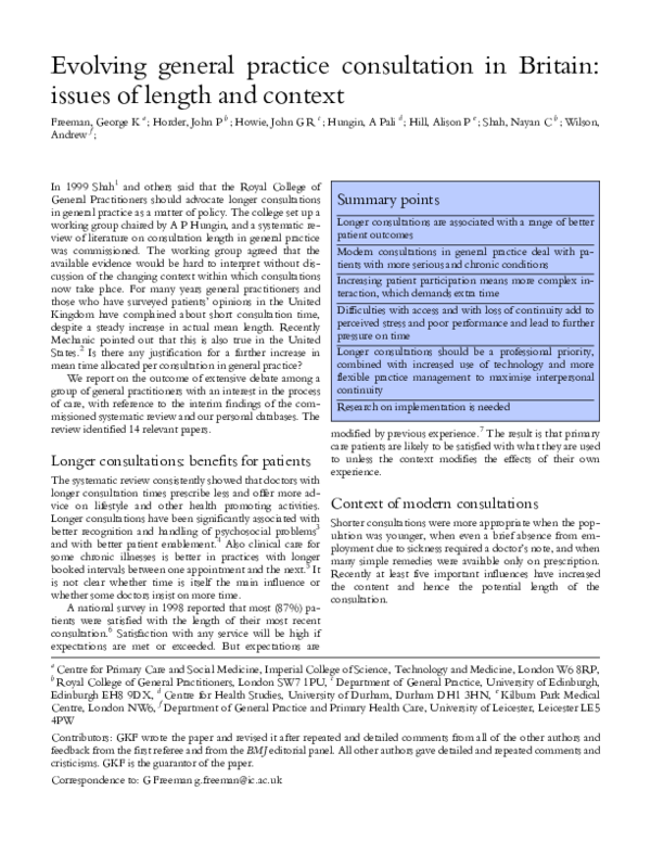 (PDF) Evolving general practice consultation in Britain: issues of ...