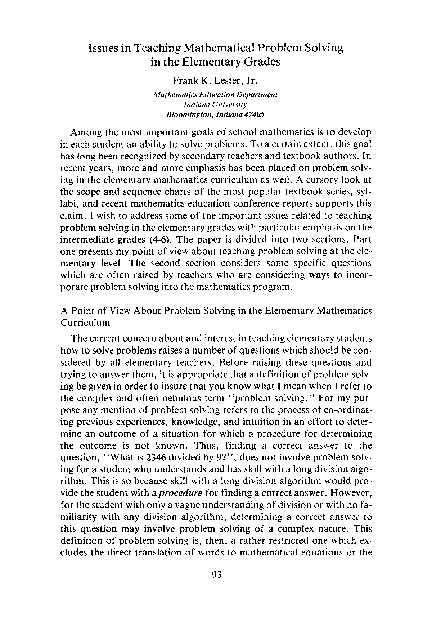 (PDF) Issues in Teaching Mathematical Problem Solving in the Elementary ...