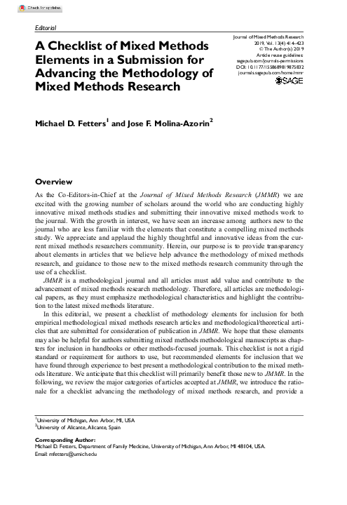 (PDF) A Checklist of Mixed Methods Elements in a Submission for ...