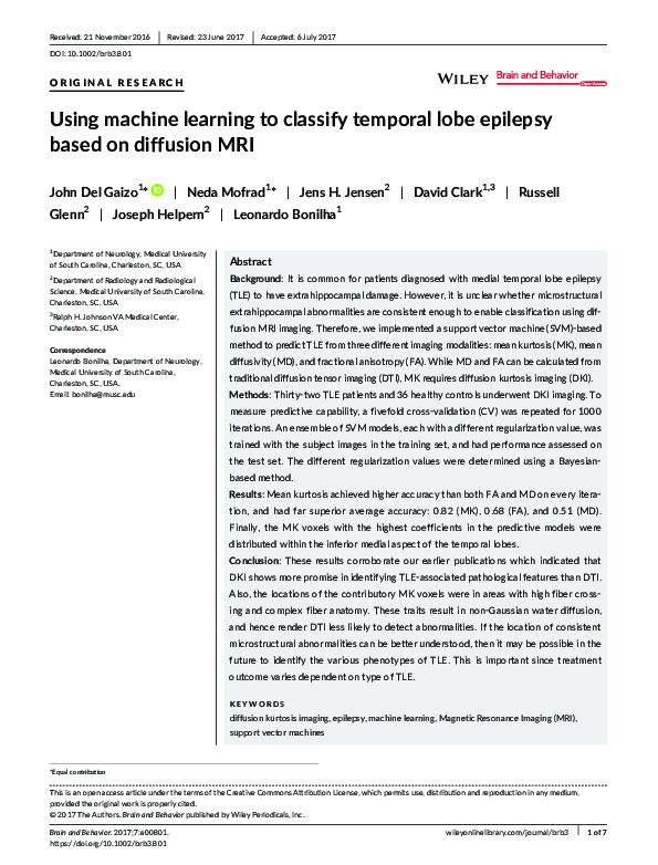 (PDF) Using machine learning to classify temporal lobe epilepsy based ...