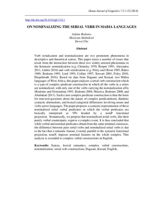 (PDF) On Nominalizing the Serial Verb in Mabia Languages