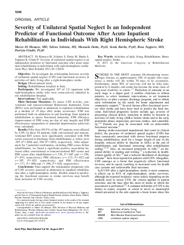 (PDF) Severity of Unilateral Spatial Neglect Is an Independent ...