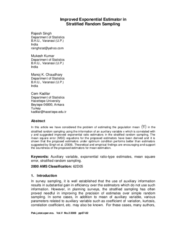 Pdf Improved Exponential Estimator In Stratified Random Sampling