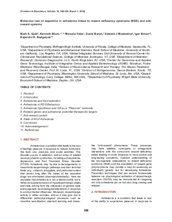 (PDF) Molecular role of dopamine in anhedonia linked to reward ...