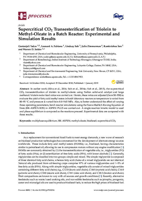 (PDF) Supercritical CO2 Transesterification of Triolein to Methyl ...