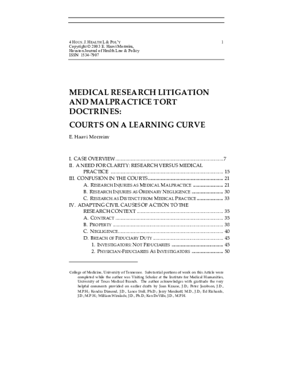 (PDF) Medical research litigation and malpractice tort doctrines ...