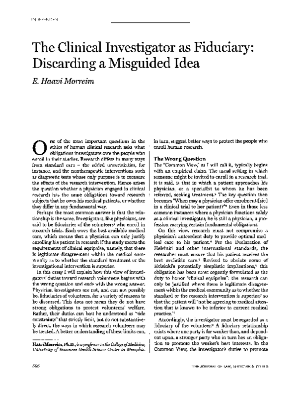 (PDF) The Clinical Investigator as Fiduciary: Discarding a Misguided Idea