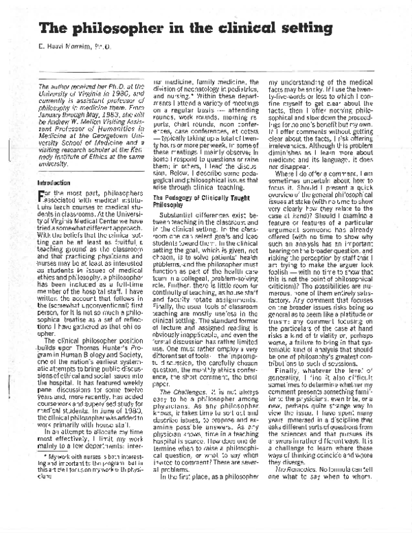 (PDF) The philosopher in the clinical setting