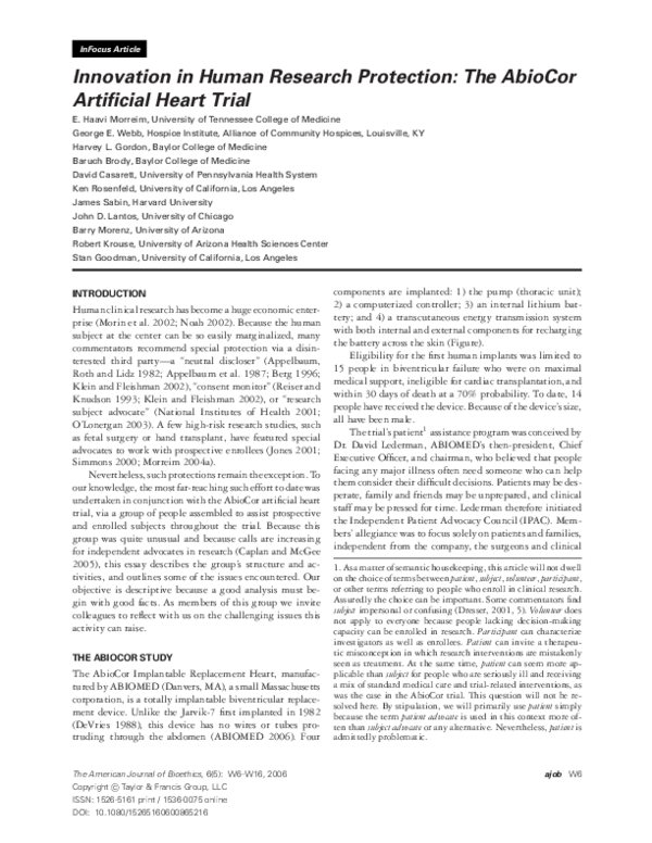 (PDF) Innovation in Human Research Protection: The AbioCor Artificial ...