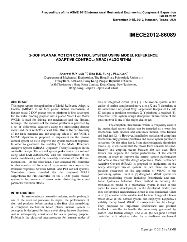 (PDF) 2-DOF Planar Motion Control System Using Model Reference Adaptive Control (MRAC) Algorithm