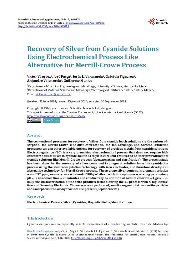 (PDF) Recovery of Silver from Cyanide Solutions Using Electrochemical ...