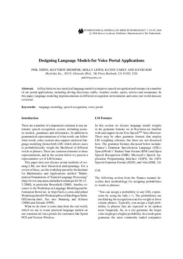 (PDF) Designing Language Models for Voice Portal Applications