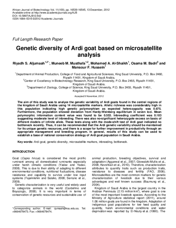 (PDF) Genetic diversity of Ardi goat based on microsatellite analysis