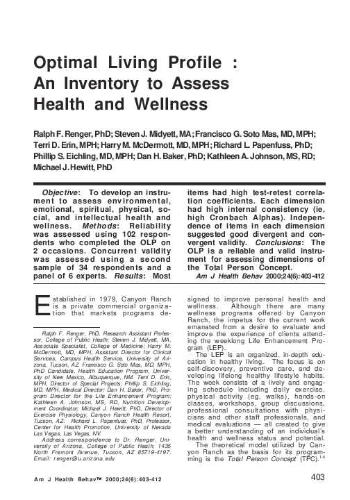 (PDF) Optimal Living Profile: An Inventory to Assess Health and Wellness