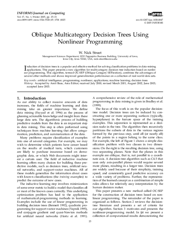 (PDF) Oblique Multicategory Decision Trees Using Nonlinear Programming