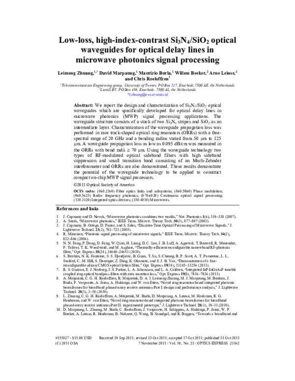 (PDF) Low-loss, high-index-contrast Si3N4/SiO2 optical waveguides for optical delay lines in ...