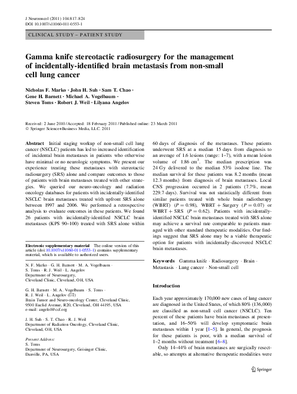 (PDF) Gamma knife stereotactic radiosurgery for the management of incidentally-identified brain ...