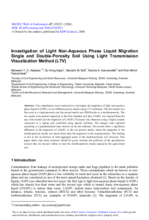 (PDF) Investigation of Light Non-Aqueous Phase Liquid Migration Single ...