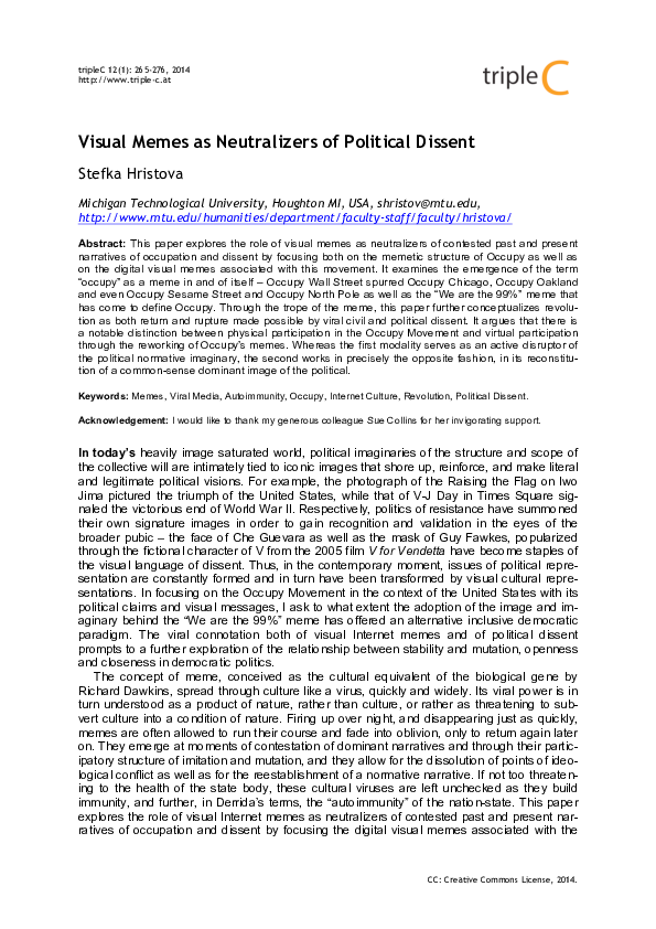 (PDF) Visual Memes as Neutralizers of Political Dissent