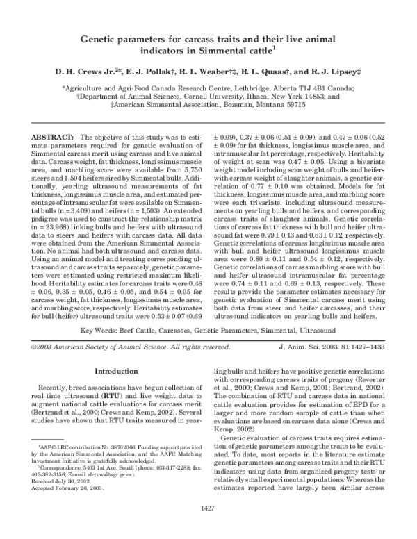 (PDF) Genetic parameters for carcass traits and their live animal indicators in Simmental cattle