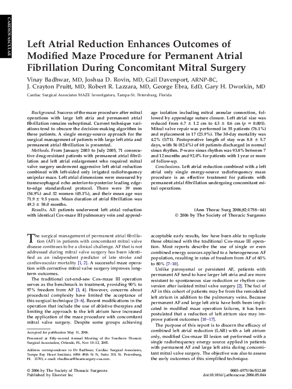 (PDF) Left Atrial Reduction Enhances Outcomes of Modified Maze Procedure for Permanent Atrial ...