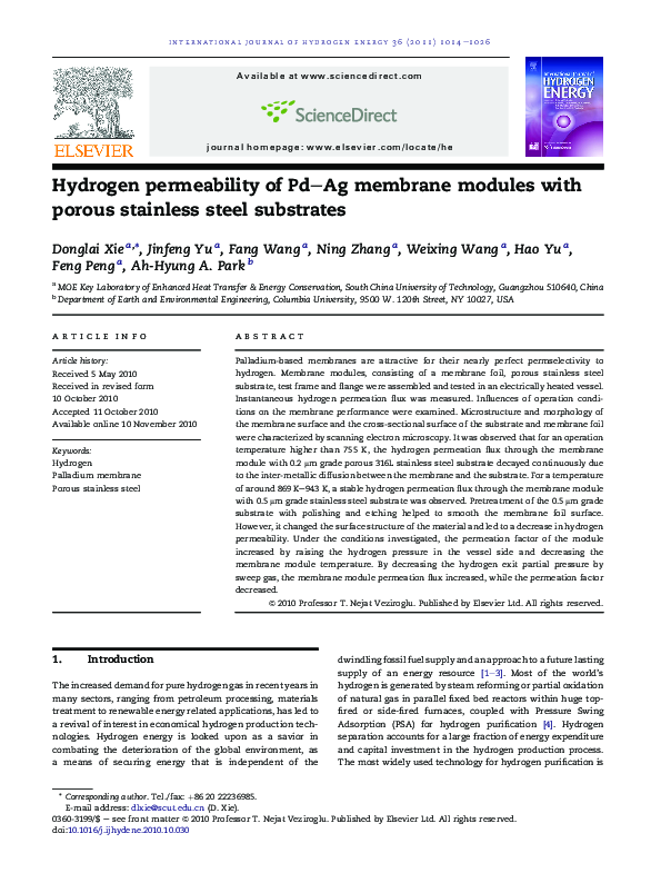 (PDF) Hydrogen permeability of Pd–Ag membrane modules with porous ...