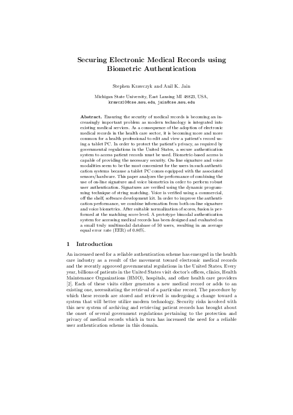 (PDF) Securing electronic medical records using biometric authentication