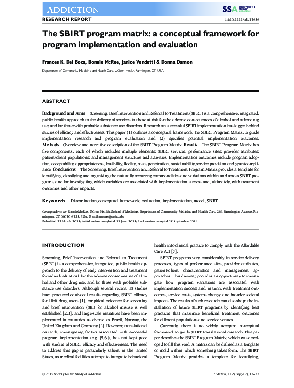 (PDF) The SBIRT program matrix: a conceptual framework for program ...