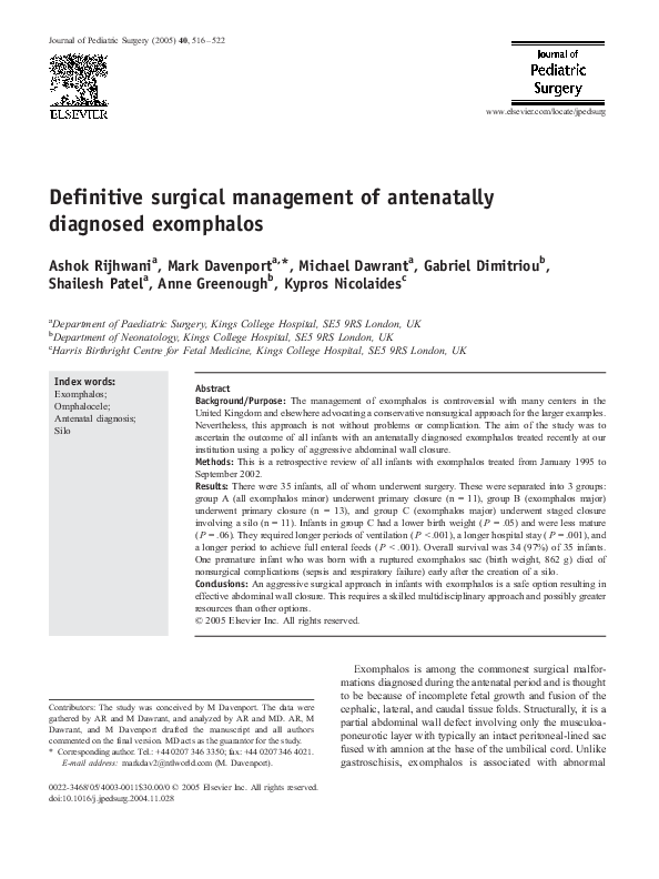 (PDF) Definitive surgical management of antenatally diagnosed exomphalos