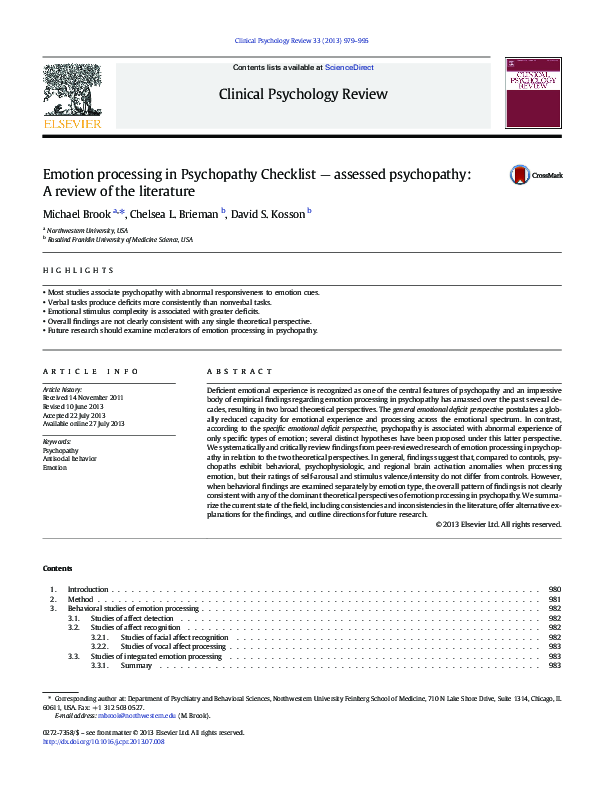(PDF) Emotion processing in Psychopathy Checklist — assessed ...