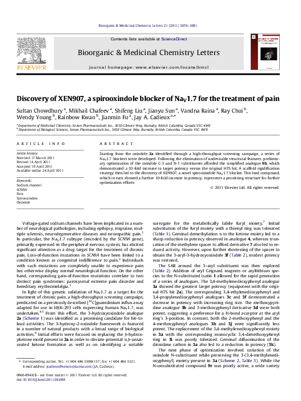 (PDF) Discovery of XEN907, a spirooxindole blocker of NaV1.7 for the ...