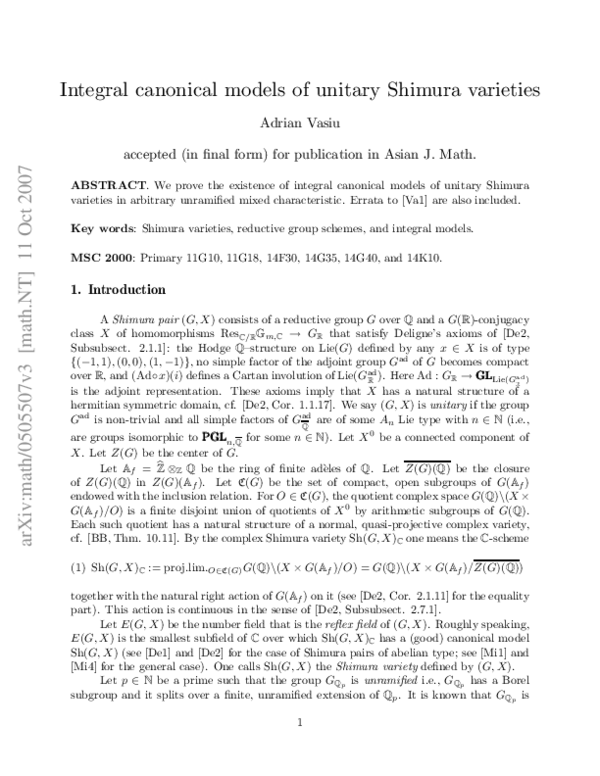 (PDF) Integral Canonical Models of Unitary Shimura Varieties