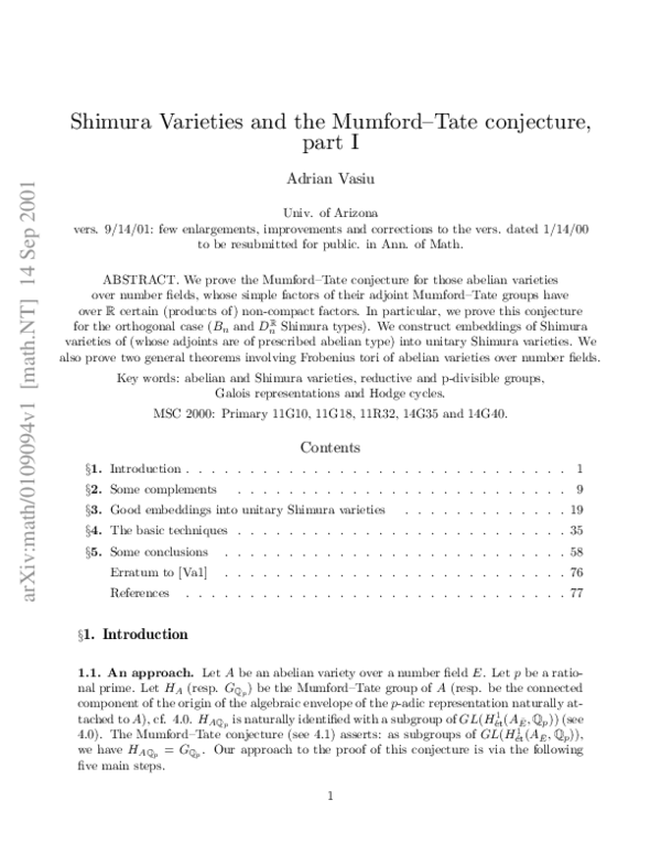 (PDF) Shimura Varieties and the Mumford-Tate conjecture, part I