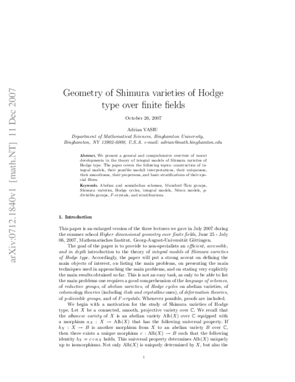 (PDF) Geometry of Shimura varieties of Hodge type over finite fields