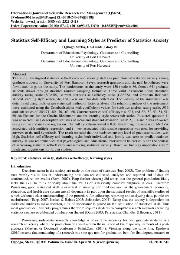 (PDF) Statistics Self-Efficacy And Learning Styles As Predictor Of ...