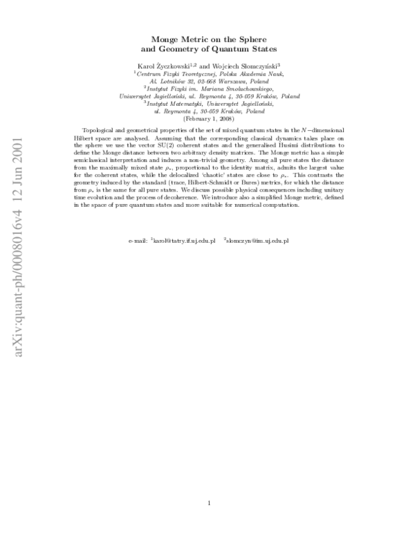 (PDF) The Monge metric on the sphere and geometry of quantum states