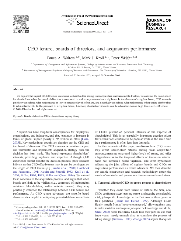 (PDF) CEO tenure, boards of directors, and acquisition performance
