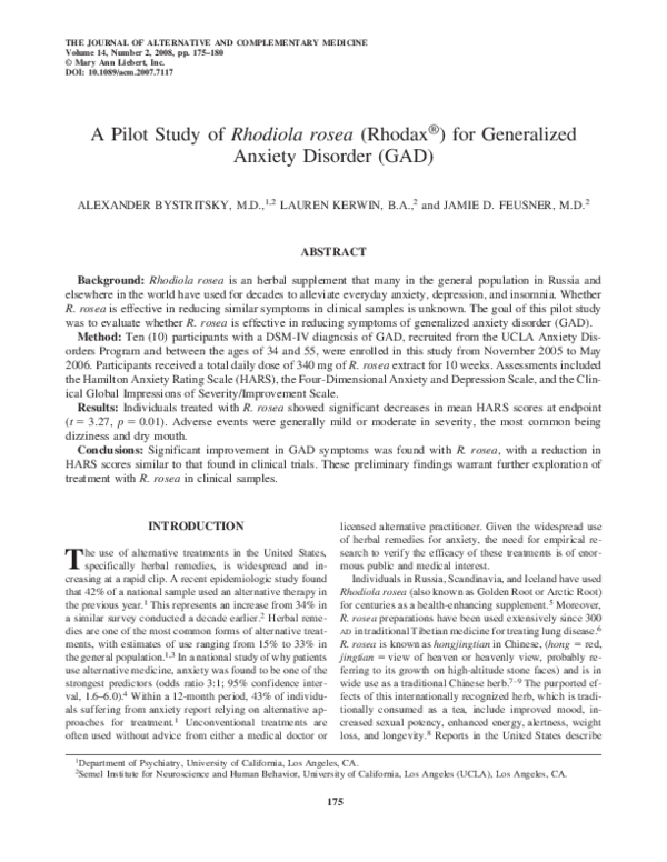 (PDF) A Pilot Study of Rhodiola rosea (Rhodax ® ) for Generalized ...