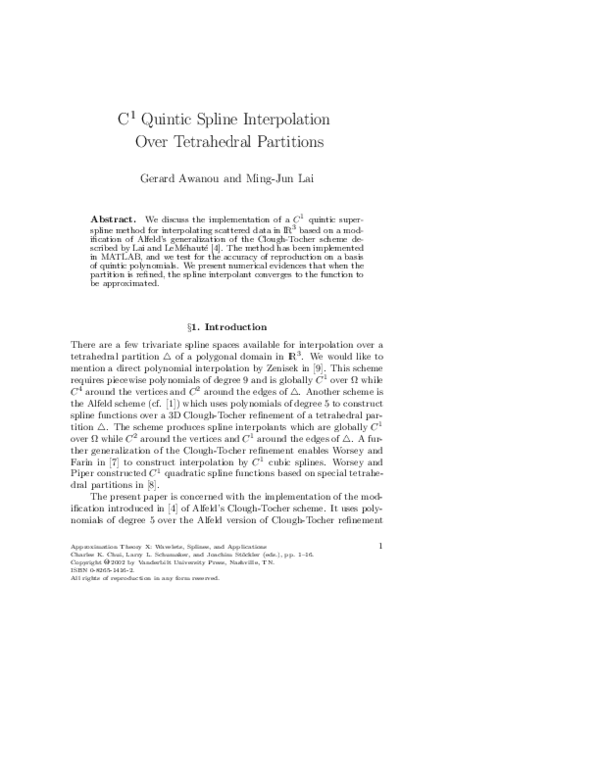 (PDF) Quintic Spline Interpolation Over Tetrahedral Partitions