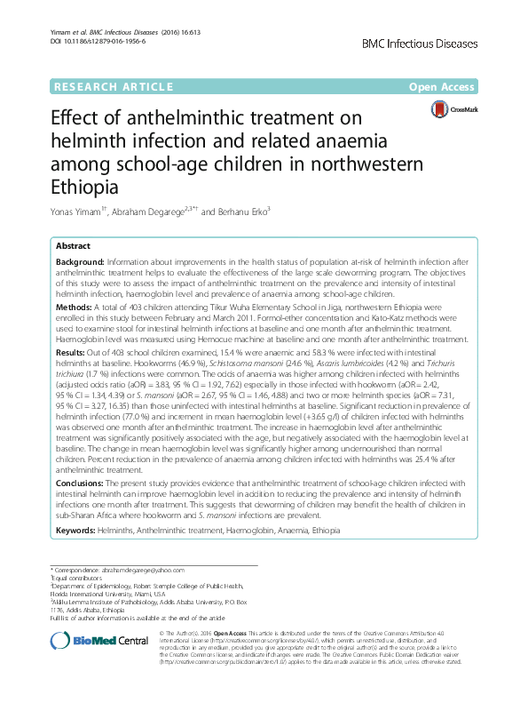 (PDF) Effect of anthelminthic treatment on helminth infection and ...