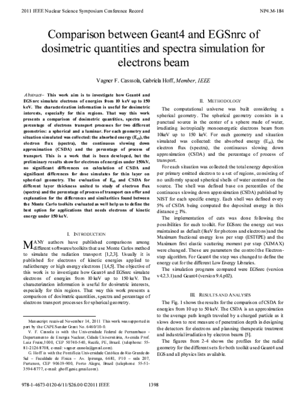 (PDF) Comparison between Geant4 and EGSnrc of dosimetric quantities and ...
